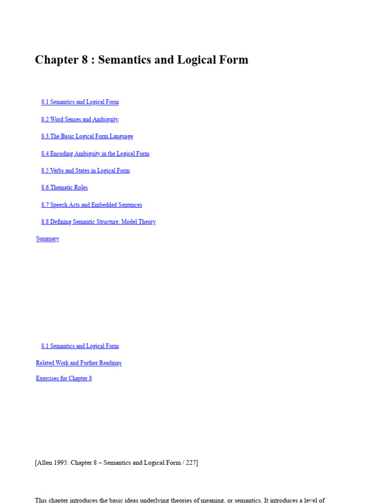 Natural Language Understanding Allen 1995 Chapter 8 | PDF | Semantics | First Order Logic