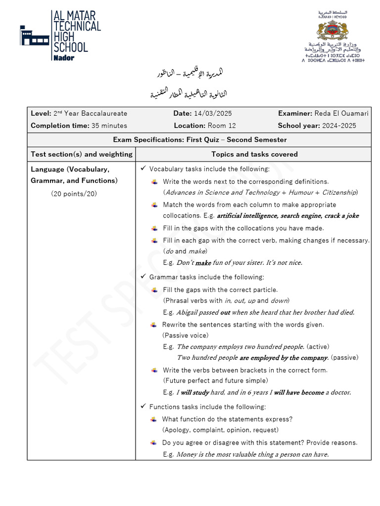 Specifications of First Quiz - Second Semester 2024-2025 (2nd Year ...