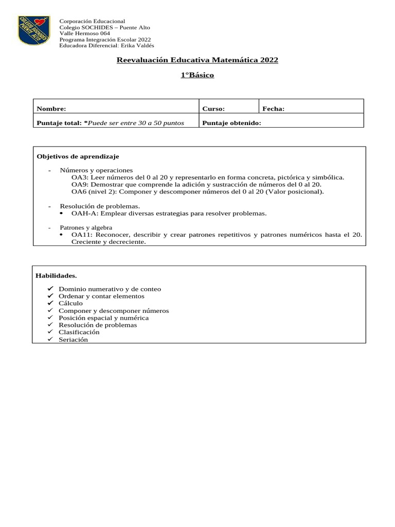 Evaluación Matemática 1 Basico Pdf Educación Especial Aprendizaje