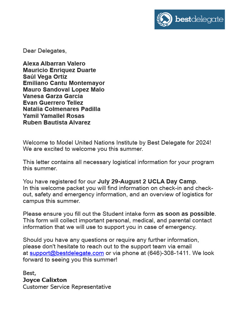 Best Delegate Welcome Letter 2024 | PDF