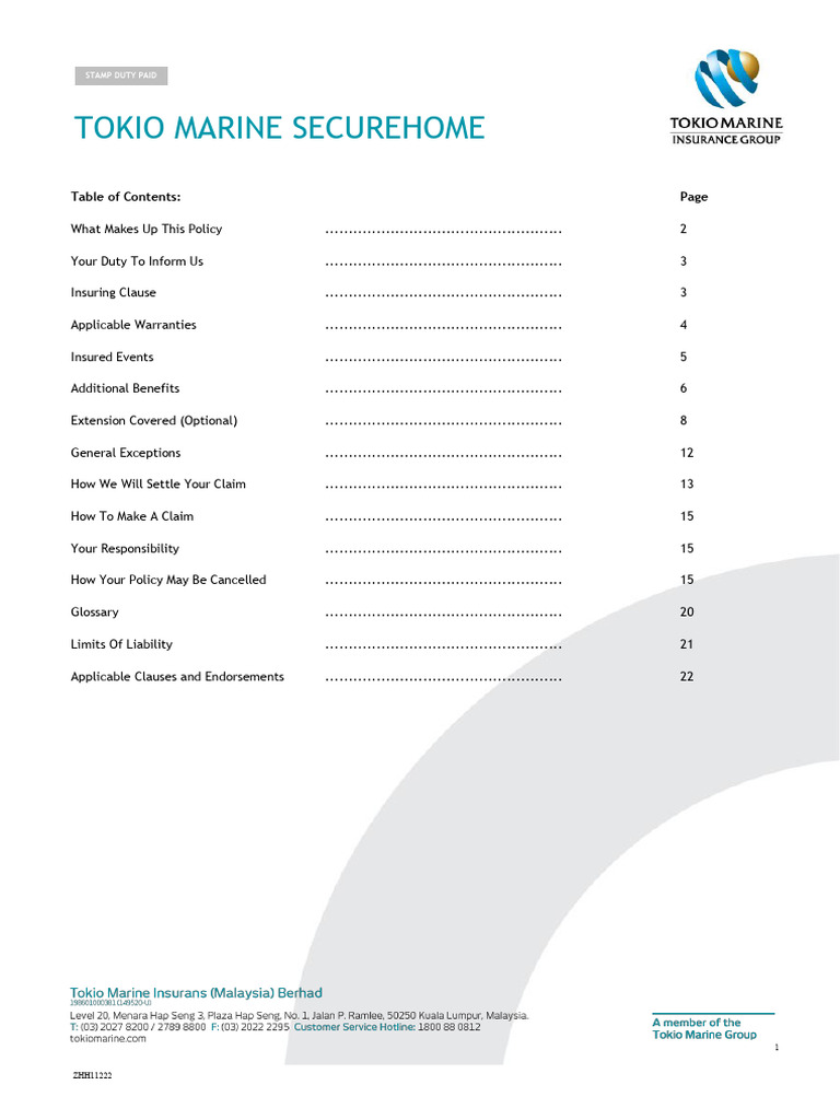 Tokio Marine SecureHome Policy Details | PDF | Insurance | Liability ...