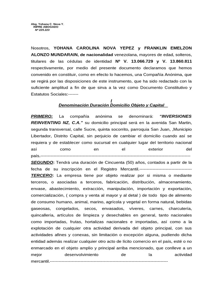 Acta Constitutiva de Inversiones Reinventig NZ C.A | PDF | Propiedad | Compartir (Finanzas)
