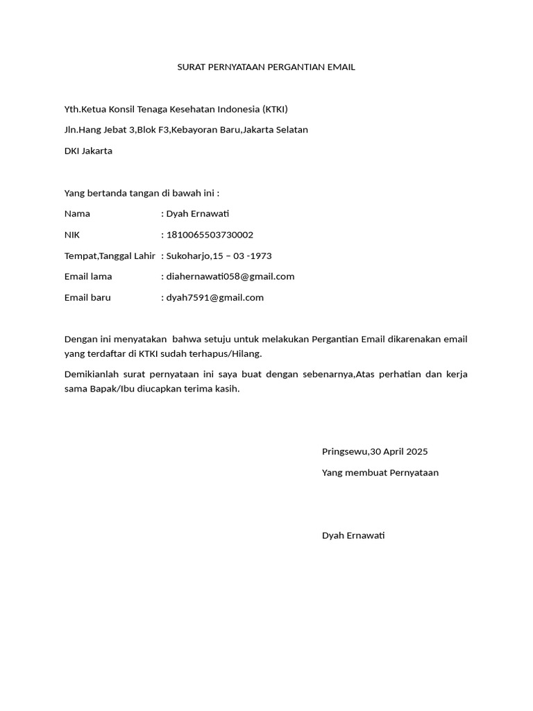 Surat Pernyataan Pergantian Email Mbak Dyah | PDF