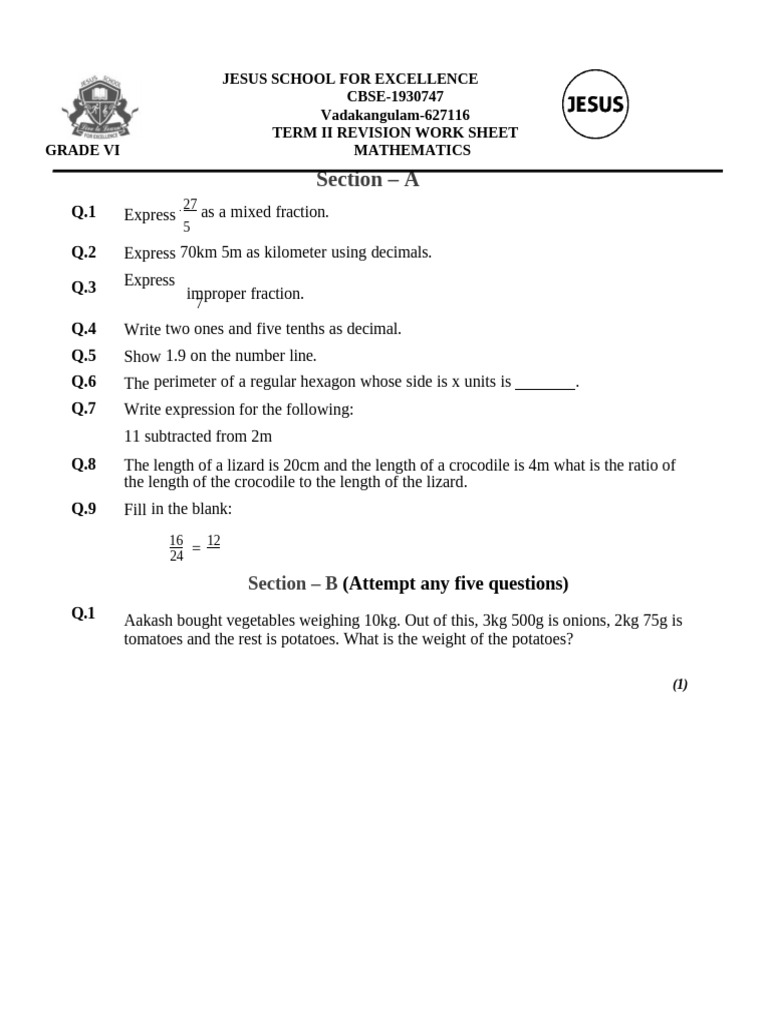 CBSE Class 6 Maths Sample Paper | PDF | Elementary Mathematics | Division (Mathematics)