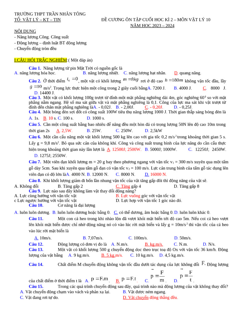 Đề Cương Cuối Hkii - GV - 10 (23-24 | PDF