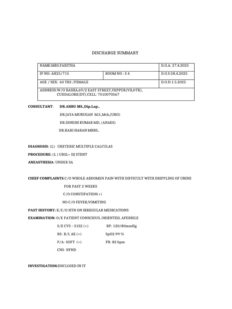 Discharge Summary for Ureteric Calculus | PDF | Medicine | Symptoms And ...