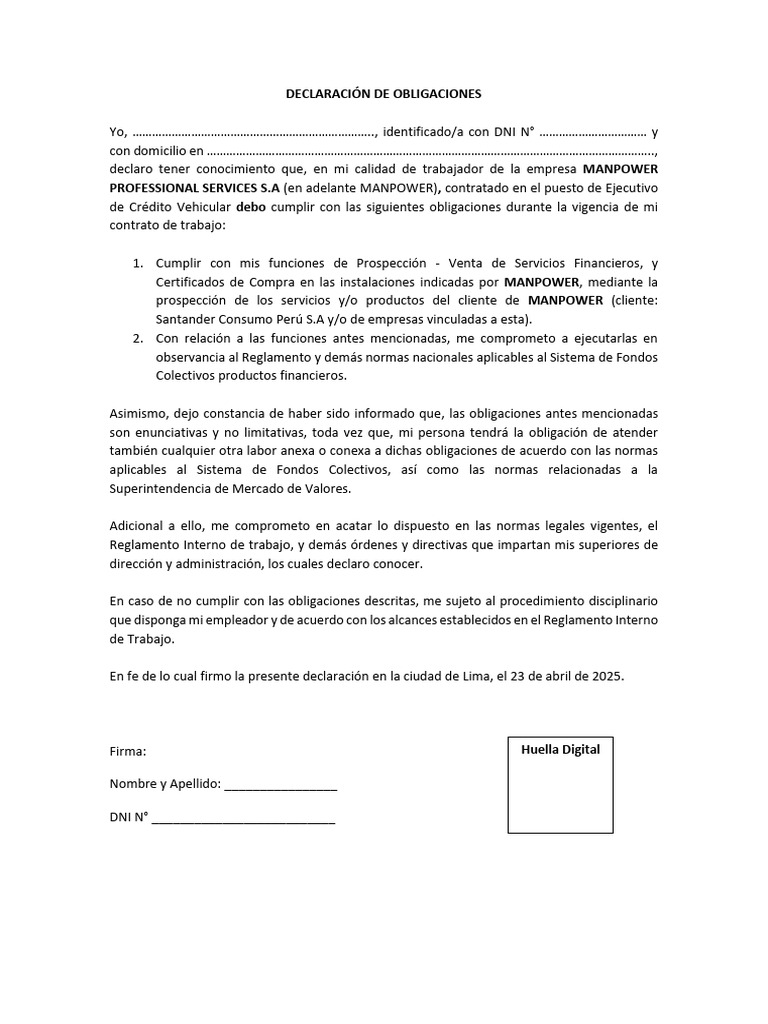 DECLARACION DE OBLIGACIONES - SANTANDER v.2 (Regular) | PDF