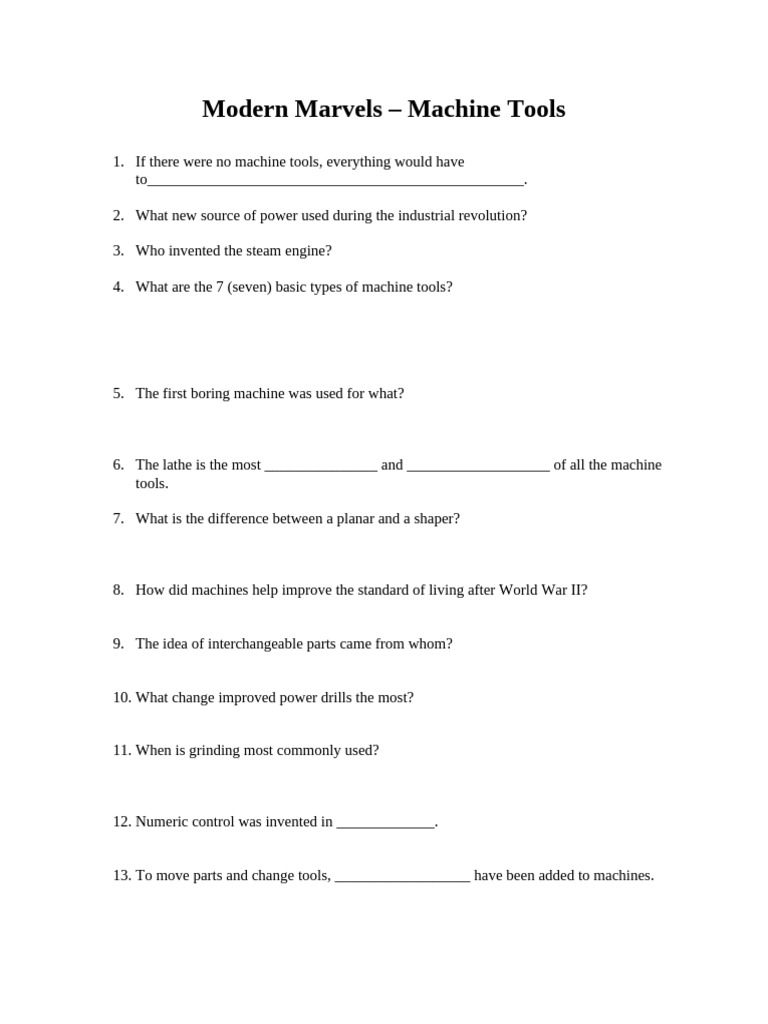 Modern Marvels Machine Tools Worksheet | PDF
