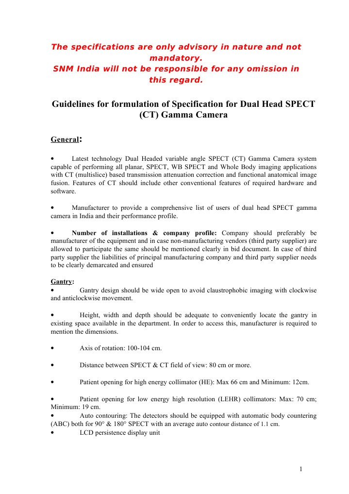 Guidelines For Formulation of Dual Headed SPECT-CT Specification | PDF ...