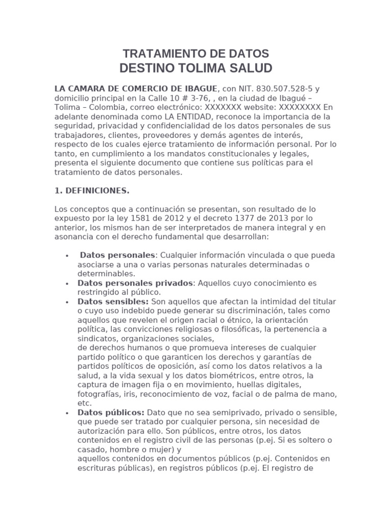 Formato Ley Tratamiento de Datos Habeas Data | PDF | Auditoría | Privacidad