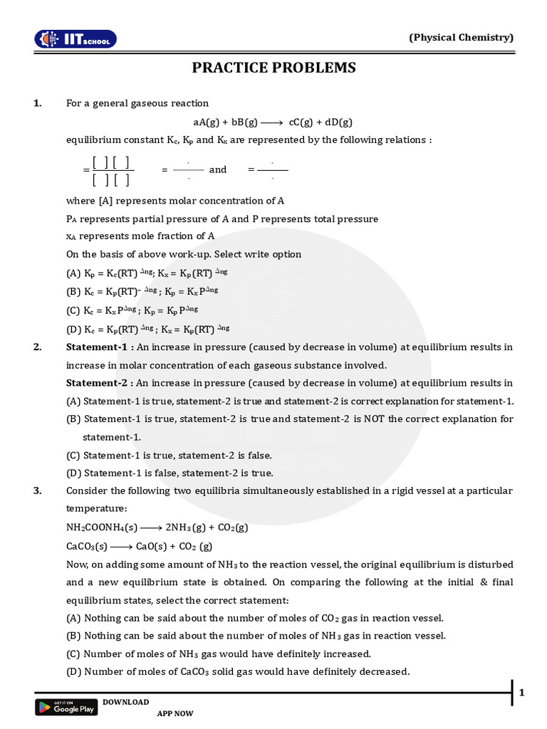 Sheet - 08 - Chemical Equilibrium (Practice Question) | PDF | Chemical ...