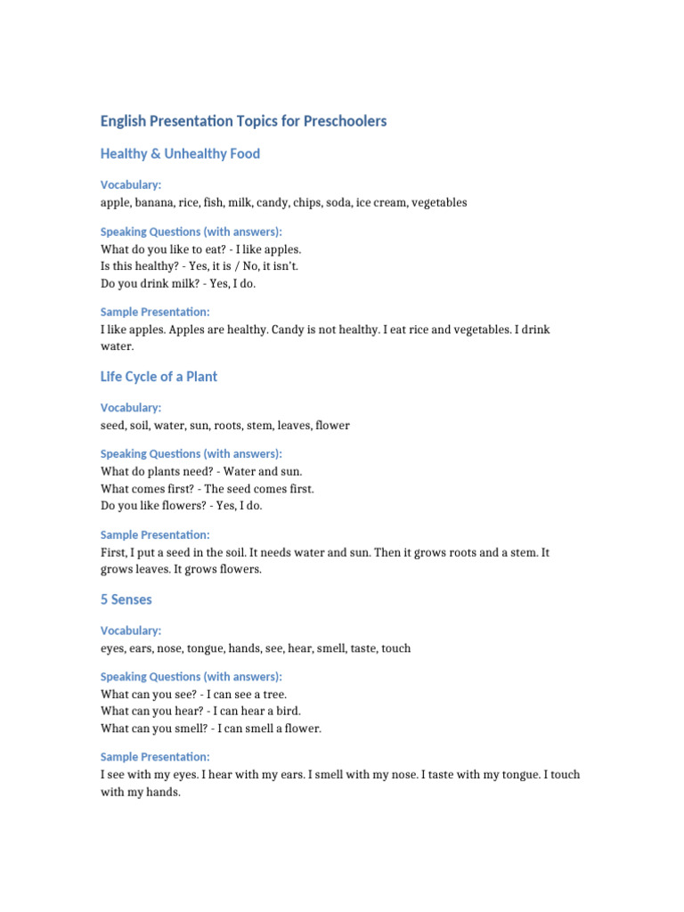 English Presentation Topics Preschool Full | PDF | Frog | Trees