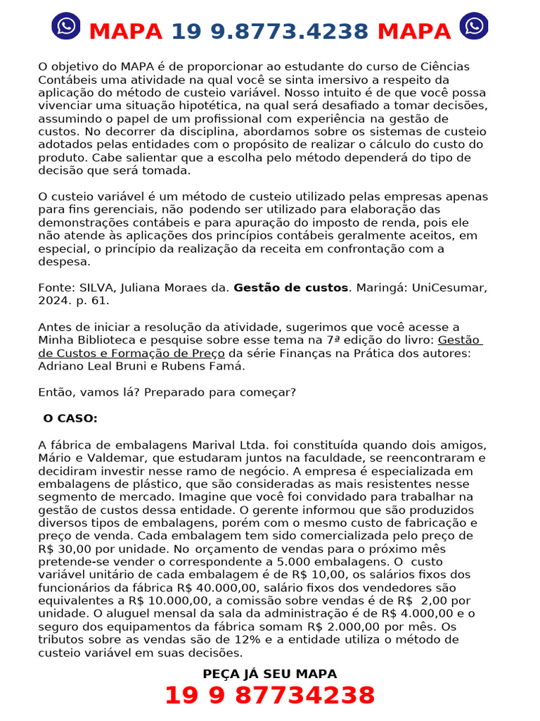 Mapa Mapa: Gestão de Custos | PDF | Custo | Contabilidade