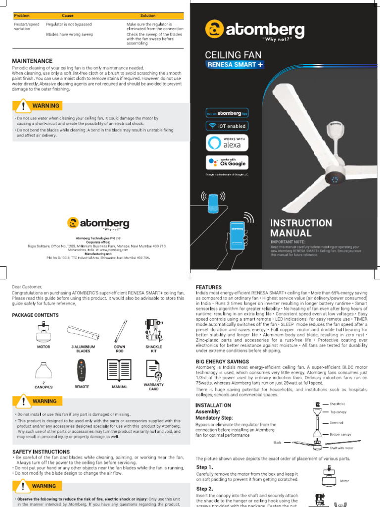 Atomberg Fan User Manual | PDF