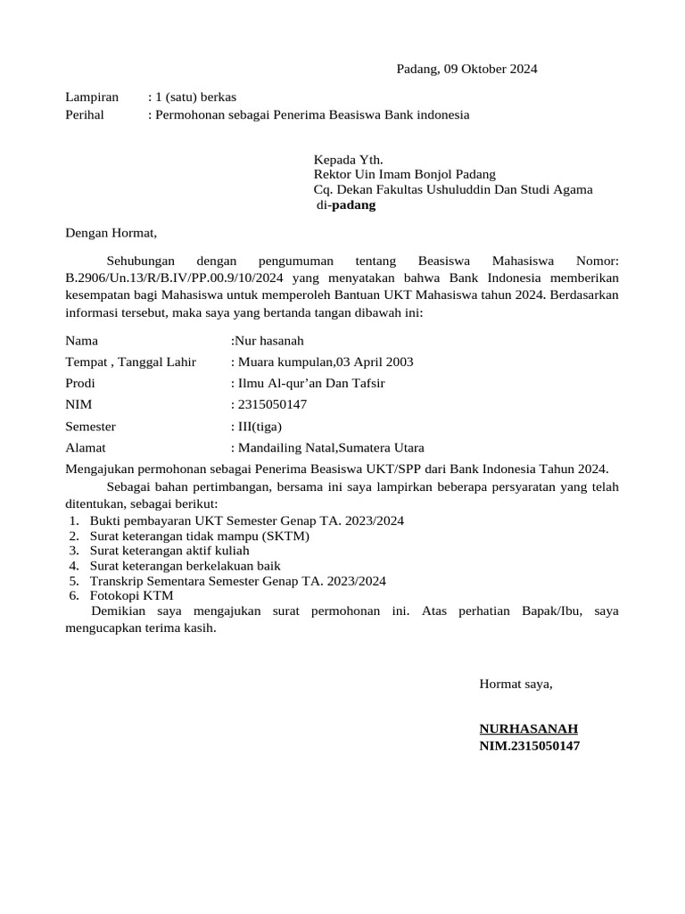 Contoh Surat Permohonan Beasiswa | PDF