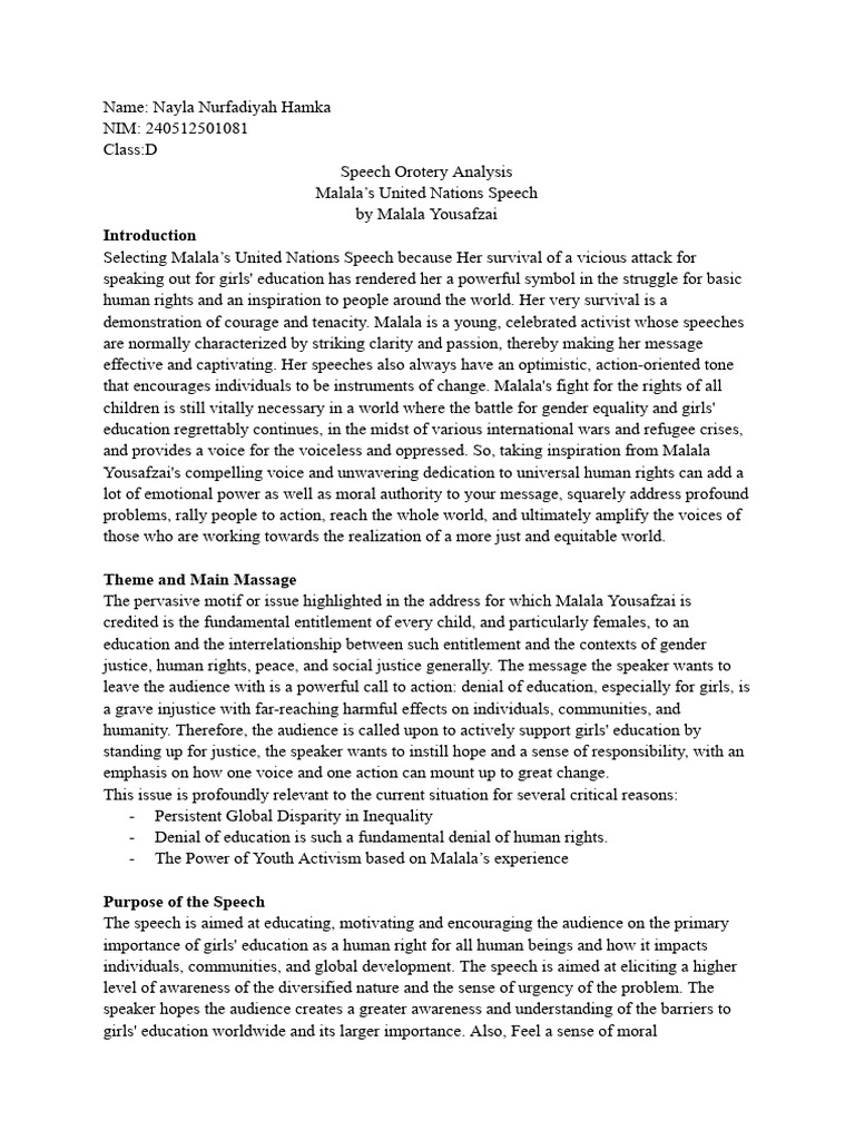 Analyzing Rhetoric in Malala's Speech | PDF | Malala Yousafzai | Logos