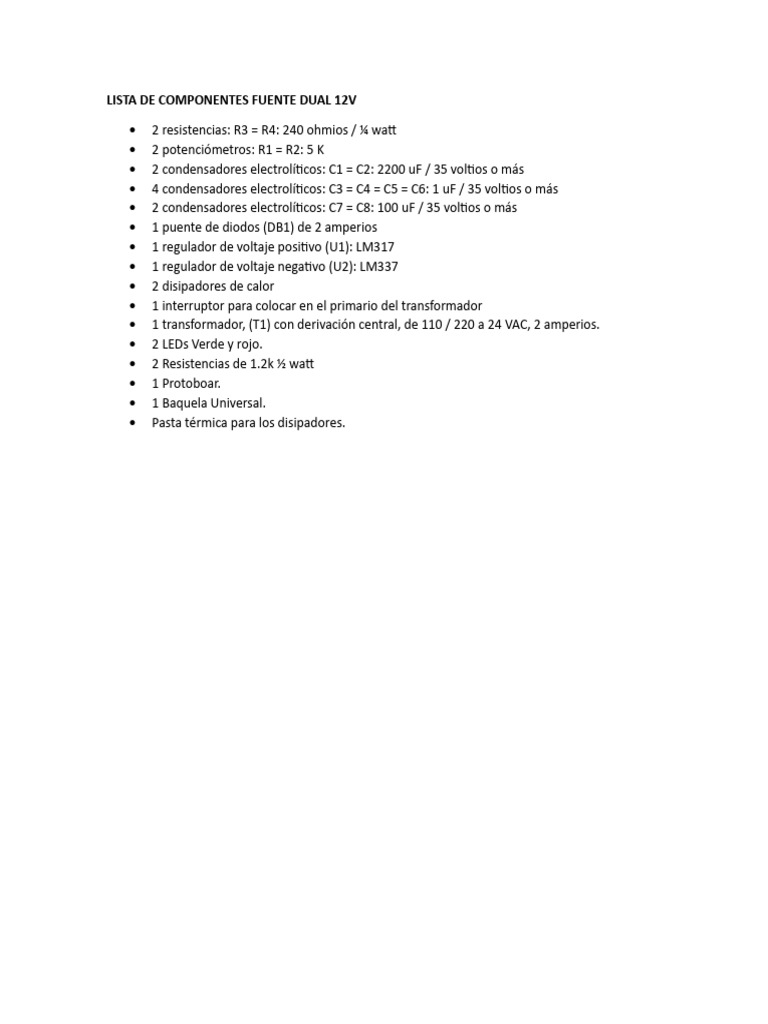 Lista de Componentes Fuente Dual 12v | PDF