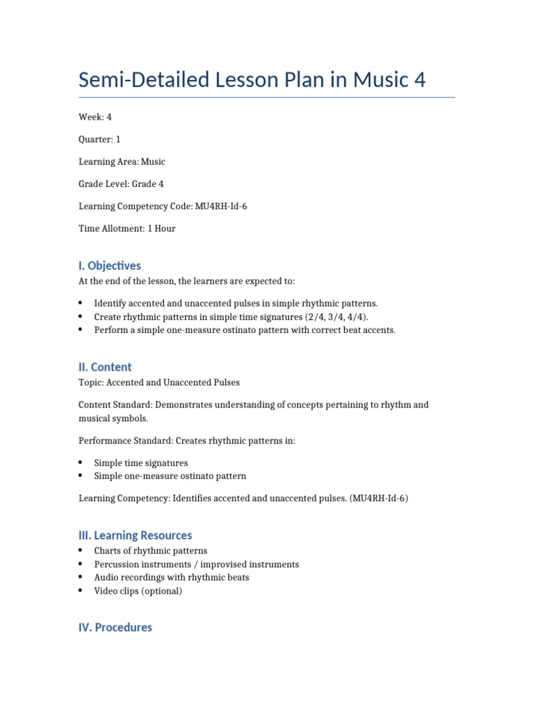 Grade 4 Music Lesson: Rhythmic Patterns | PDF | Rhythm | Elements Of Music