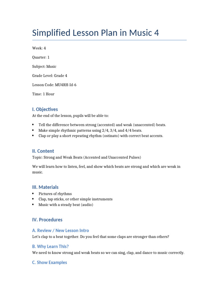 Grade 4 Music Lesson: Strong vs Weak Beats | PDF