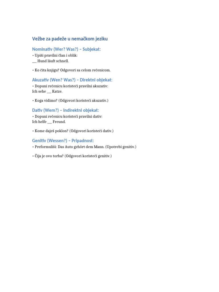 Vezbe Za Padeze U Nemackom | PDF