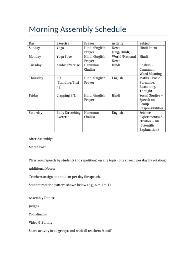 Morning Assembly Schedule | PDF