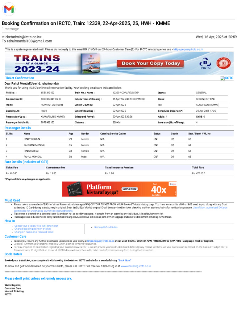 Gmail - Booking Confirmation On IRCTC, Train - 12339, 22-Apr-2025, 2S ...