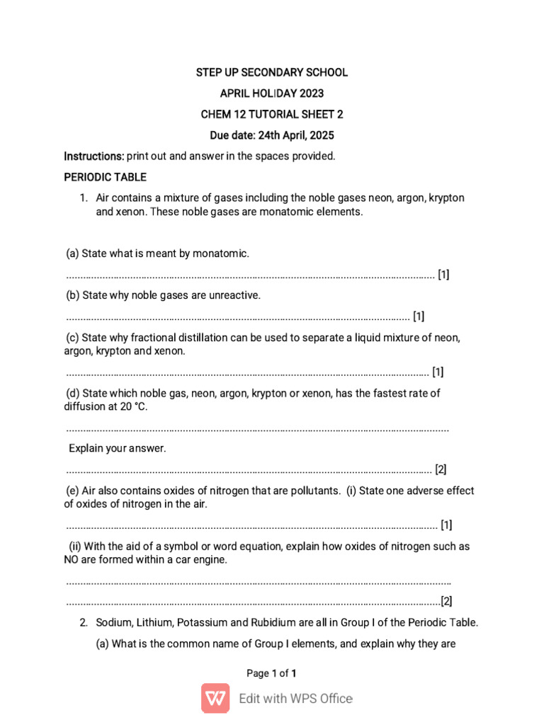 Chem 12 Tutorial Sheet 2 | PDF | Industrial Gases | Sets Of Chemical Elements