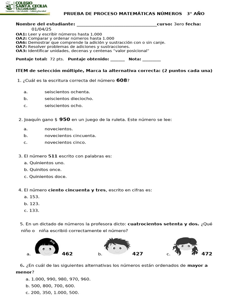 Prueba de Matemáticas 3° Año: Números | PDF | Aritmética | Números
