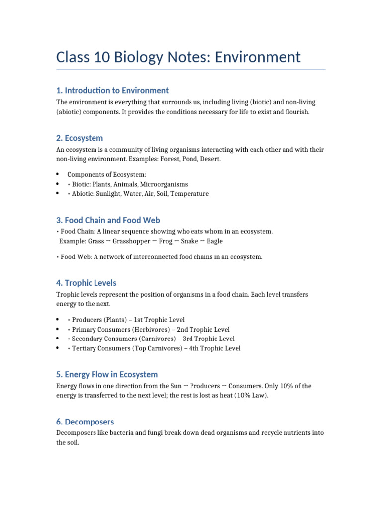 Class 10 Biology: Our Environment Notes | PDF