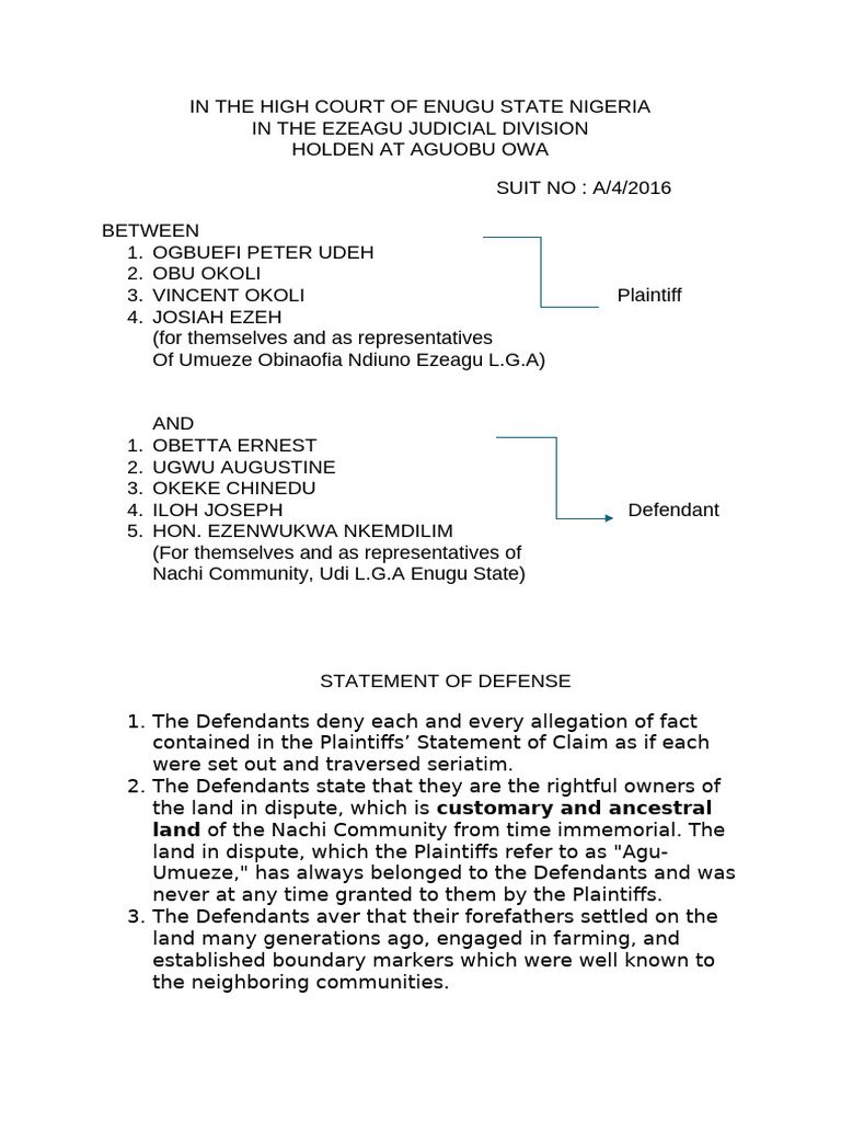 Statement of Defense Enugu | PDF | Trespass | Common Law