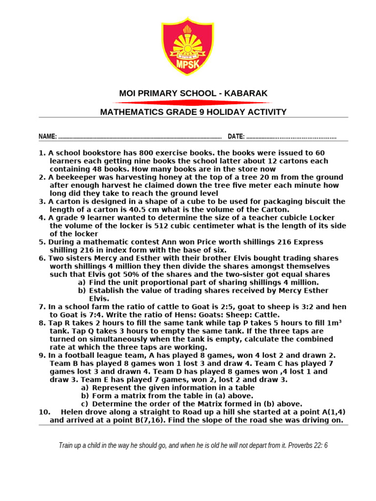 Grade 9 Mathematics Holiday Activity 2025 | PDF