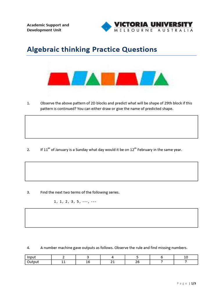 Algebraic Thinking Practice Questions | PDF