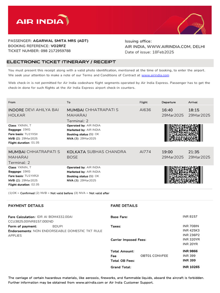 Air India Web Booking Eticket (VO2RFZ) - SMITA | PDF