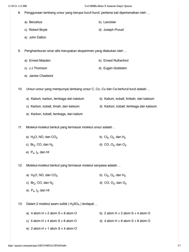UAS KIMIA Kelas X Semester Ganjil - Quizizz | PDF