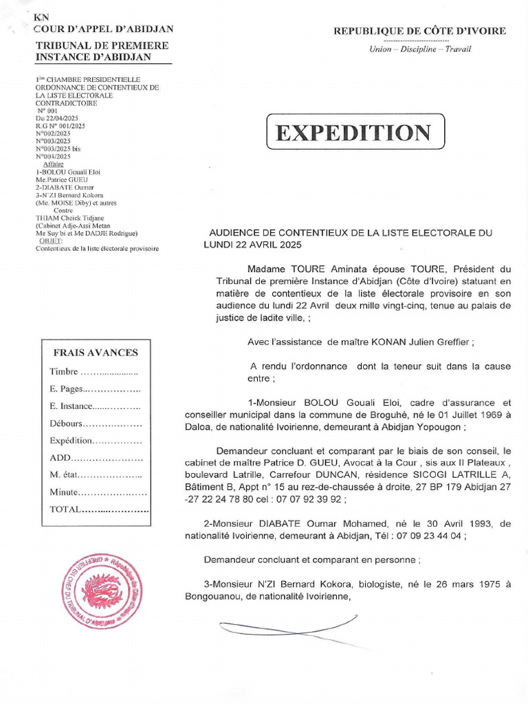 Ordonnance Du 22 AVRIL 2025 Du President Du Tribunal de Premiere Instance Dabidjan Radiation de ...