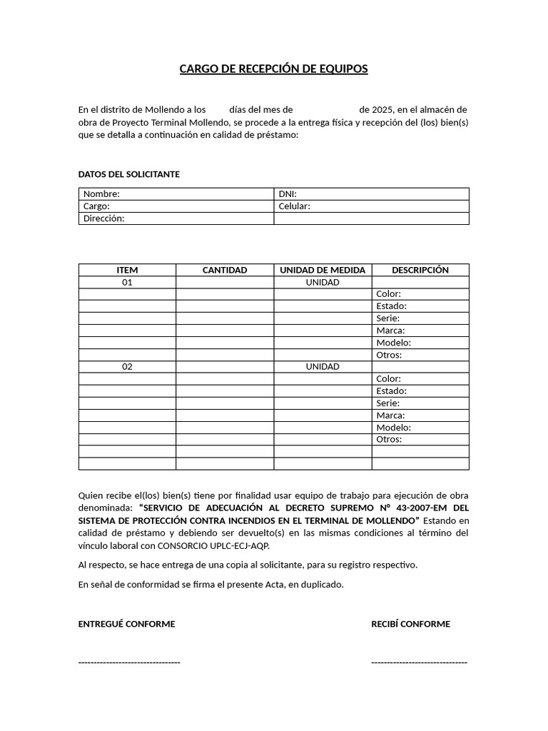 Formato - Cargo de Recepción de Equipos | PDF