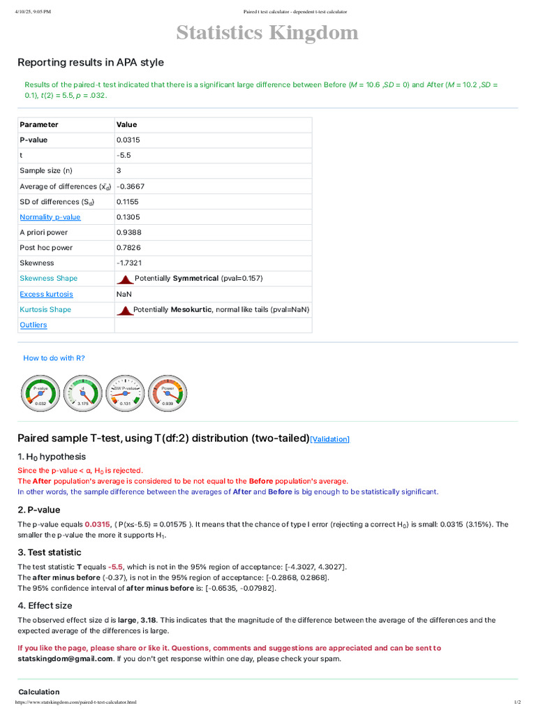 Paired T Test Calculator - Dependent T-Test Calculator | PDF ...