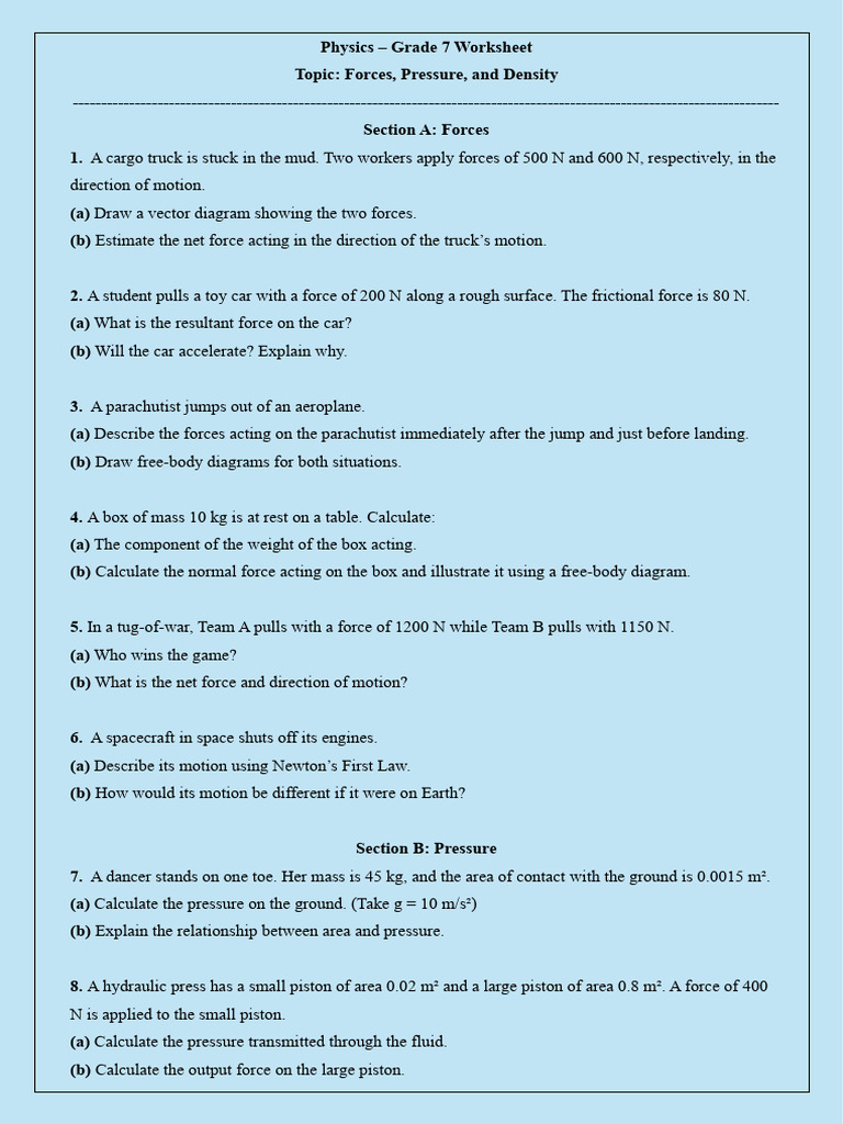 GRADE 7 Physics Worksheet - Force, Pressure and Density - SE2 | PDF ...