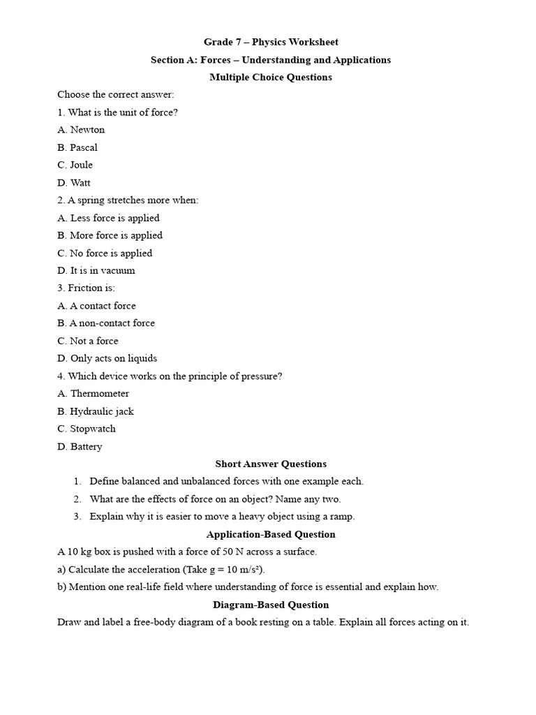 GRADE 7 Physics Worksheet - SE2 | PDF | Force | Earth