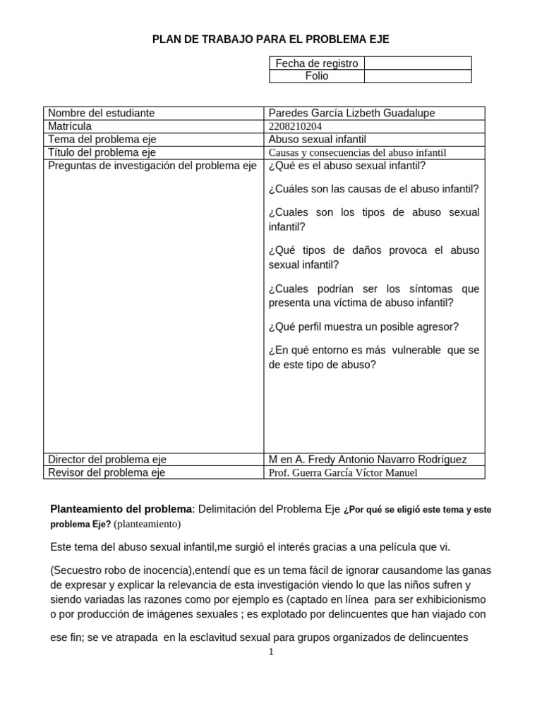 Plan de Trabajo Lizbeth | PDF | Abuso Sexual Infantil | Abuso infantil