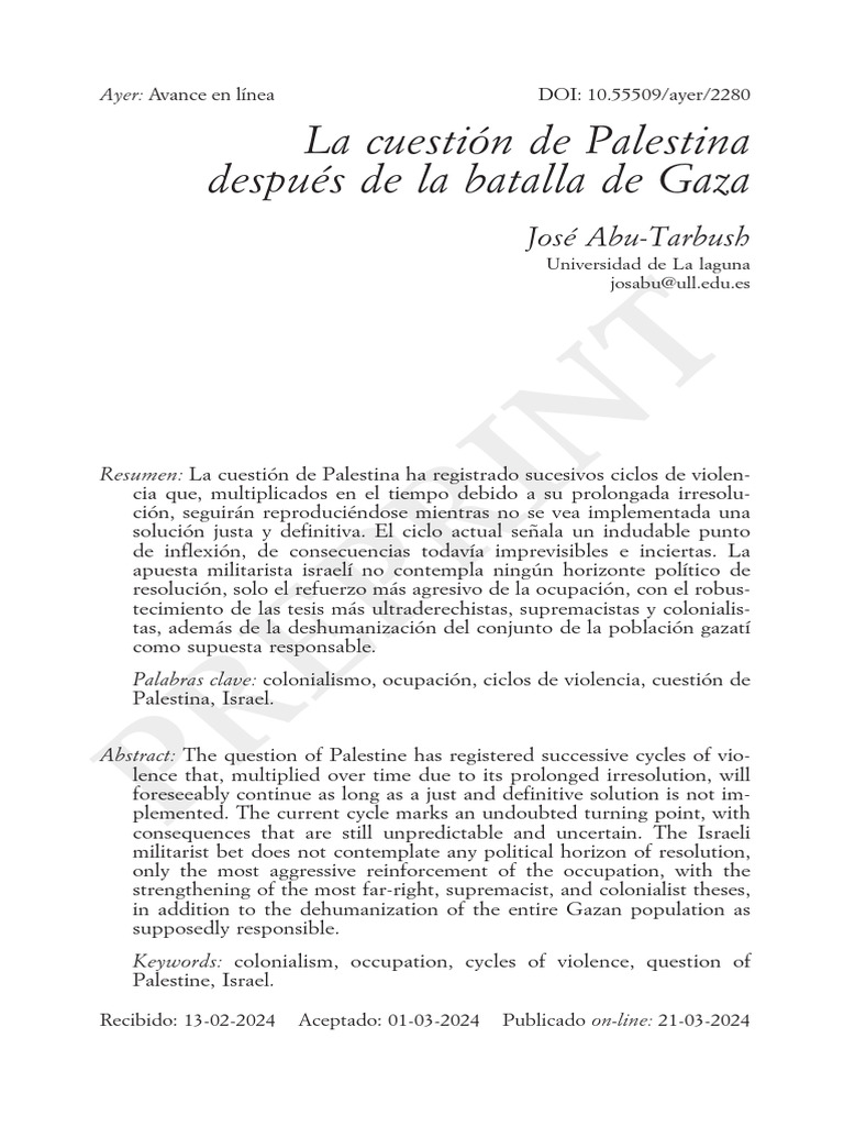 Abu Tarbush La Cuestión de Palestina 2024 | PDF | Franja de Gaza | Israel