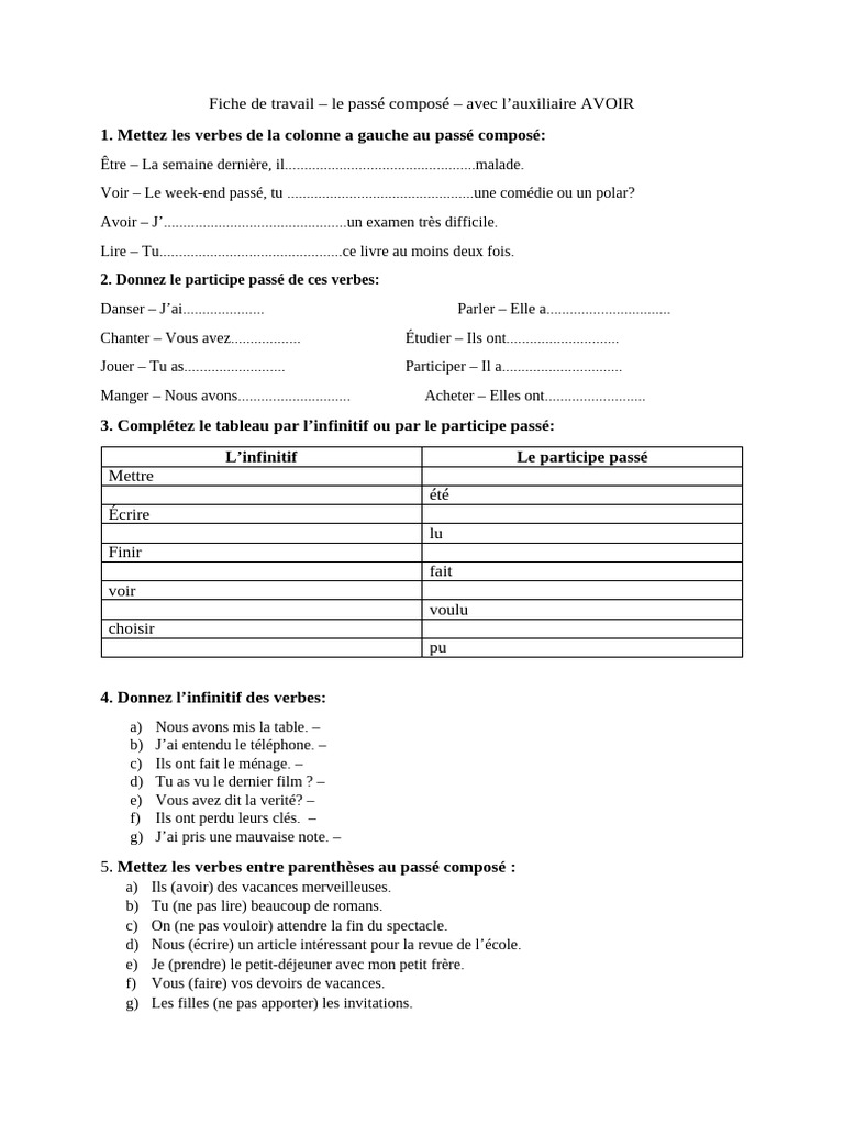 Passé Composé avec Avoir : Exercices | PDF | Verbe