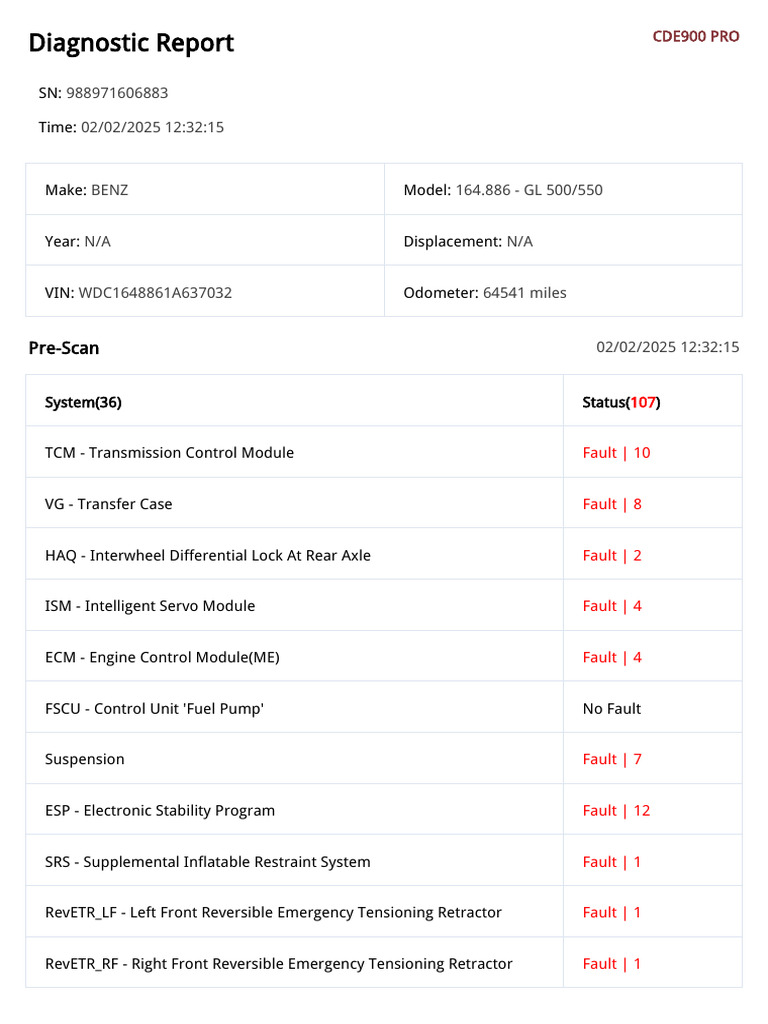 BENZ Pre-Scan WDC1648861A637032 All System Diagnostic Report ...