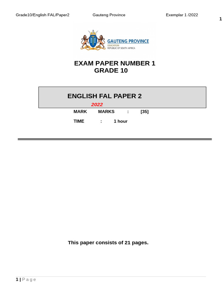 Grade 10 English FAL Paper 2 Exemplar 2022 | PDF