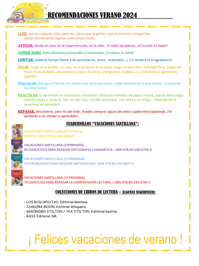 Recomendaciones Verano 1º Primaria | PDF