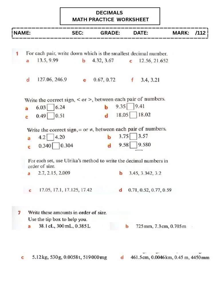Decimal Math Practice Worksheet Test 3 | PDF