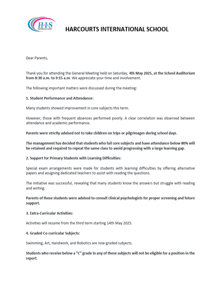 Minutes of The Parents Meeting-7th May 2025 | PDF | Learning | Schools