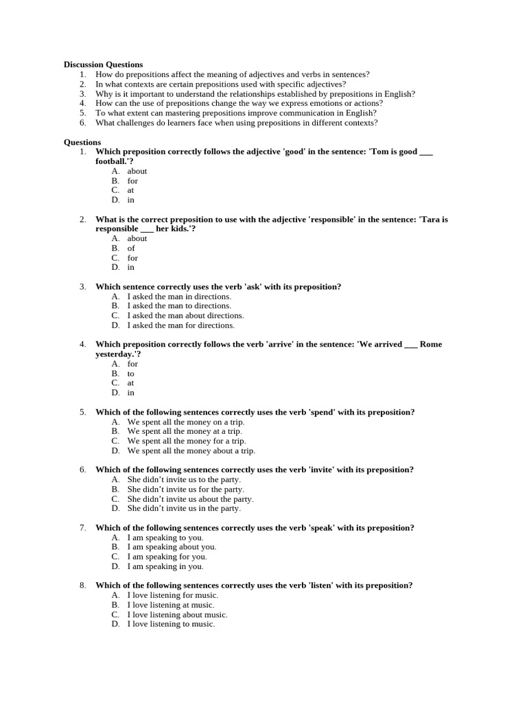 Mastering Prepositions and Adjectives | PDF | English Language | Verb