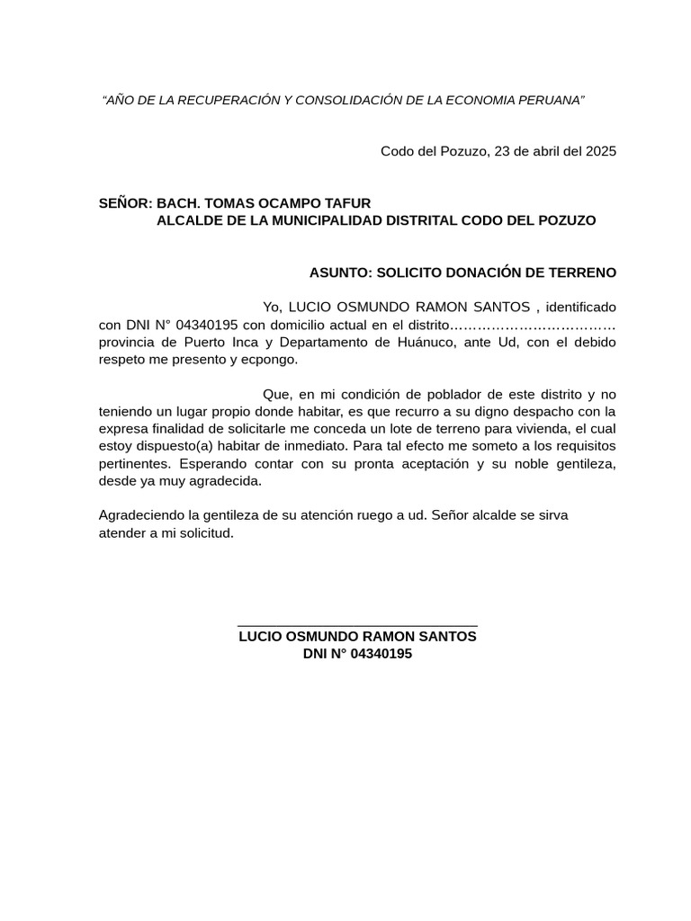 Solicitud Donacion de Terreno | PDF