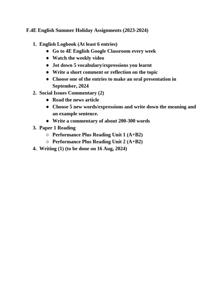 4E Holiday Assignment | PDF